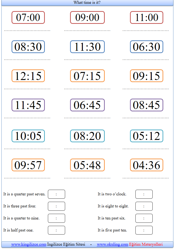Telling the Time-What time is it Worksheets – Kingilizce